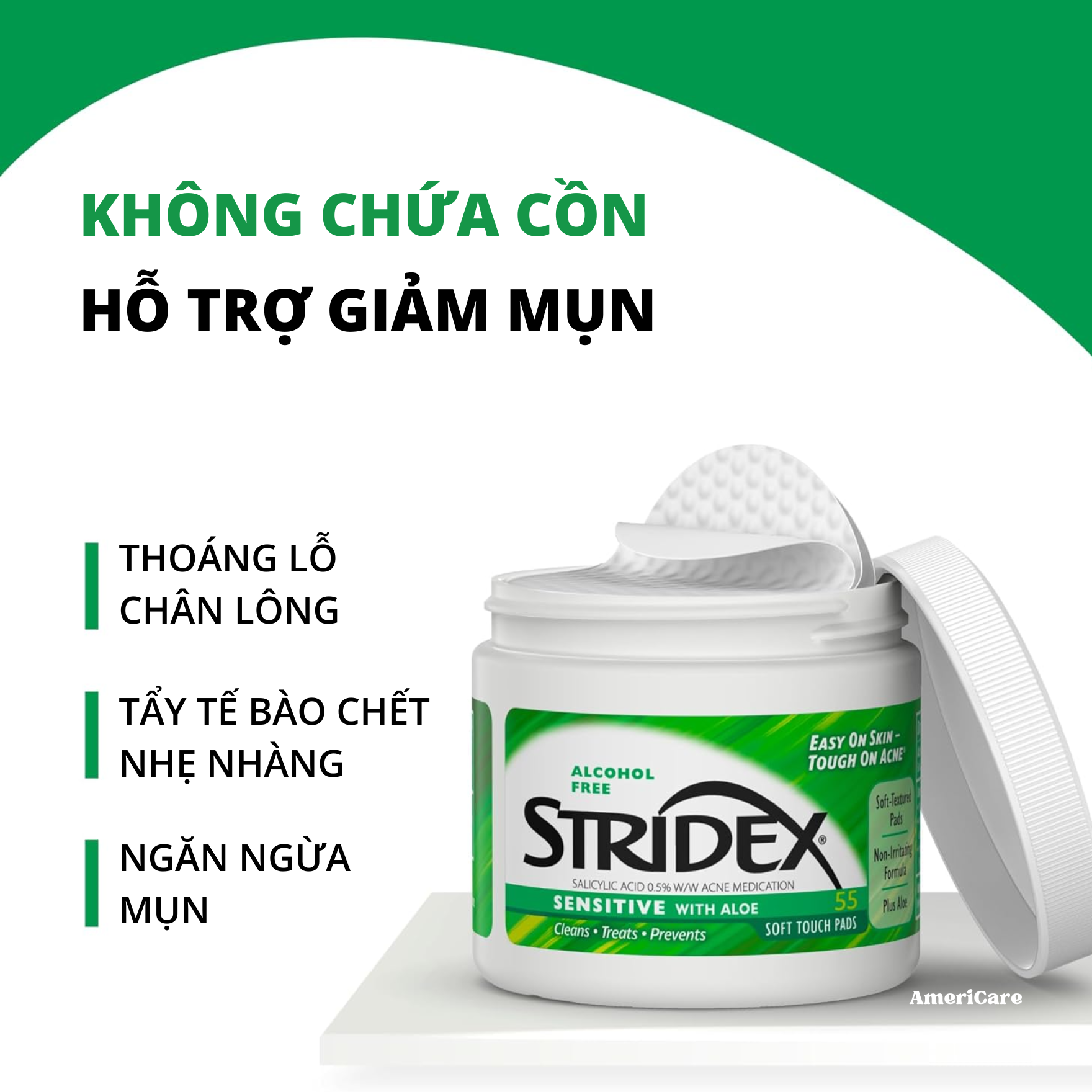 Miếng lau giảm mụn Toner Pad Stridex BHA, tẩy tế bào cho da nhạy cảm, alcohol free stridex BHA 0 ...