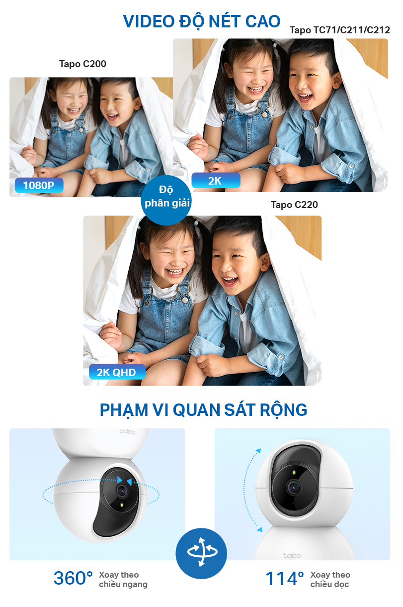 Camera Wifi TP-Link Tapo C200/ C202/ C222/ C211/ C212/ C220 Full HD 2MP/3MP/2K, Quay quét 360 độ ...