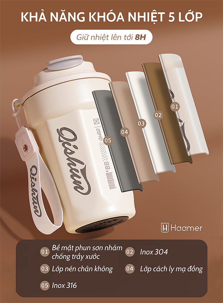 Cốc Giữ Nhiệt Haamer x Qishun Inox 316 An Toàn Thực Phẩm, Ly Giữ Nhiệt Lâu 6h-8h, 450ML Tiện Lợi ...