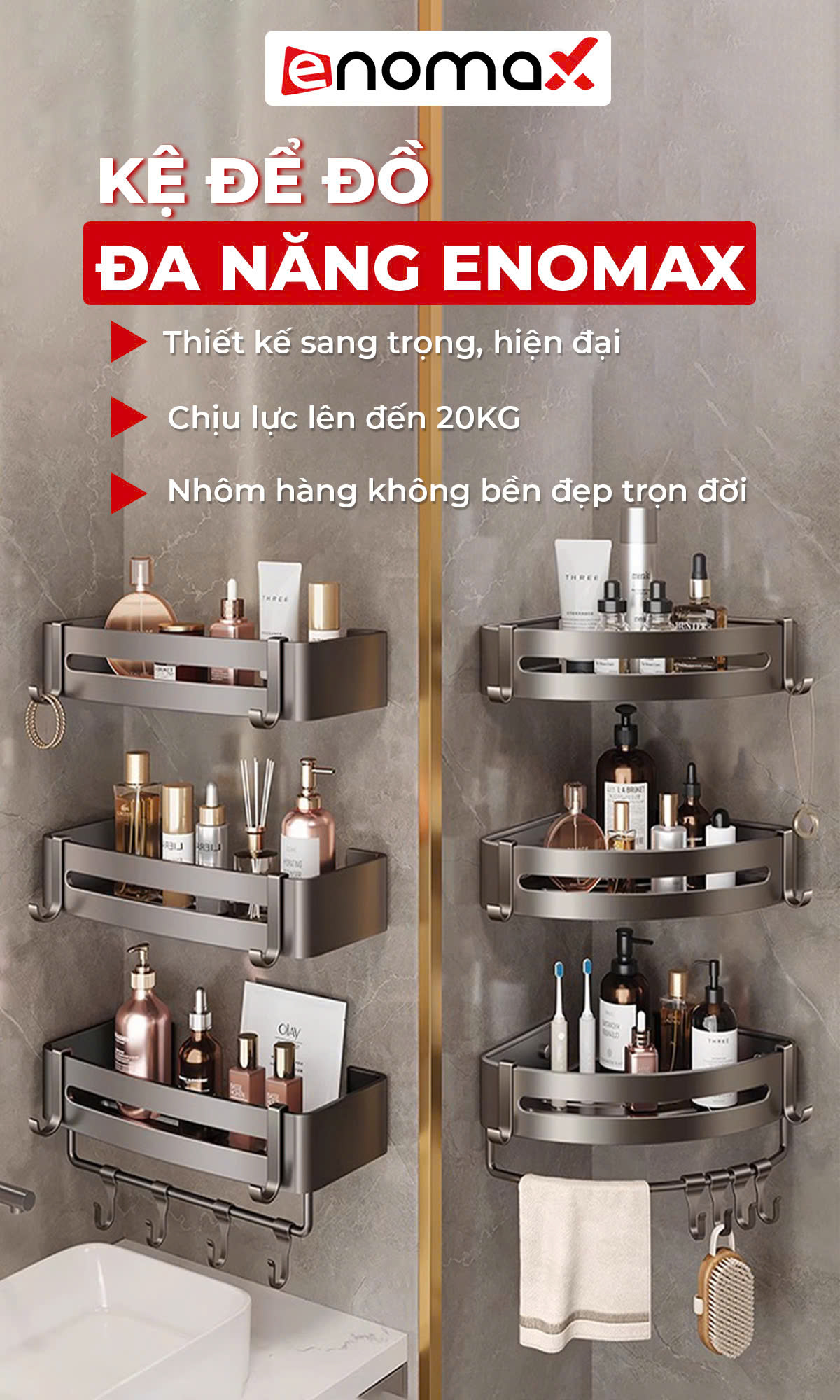 Kệ góc nhà tắm Enomax dán tường, để đồ nhà tắm đa năng lắp đặt bằng keo ...