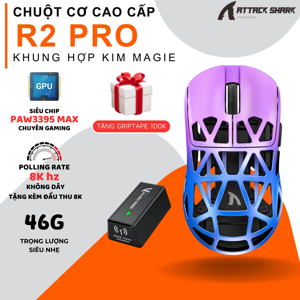 Chuột Không Dây Cao Cấp Attack Shark R2 Chip Thế Hệ Mới PAW3950 MAX ...