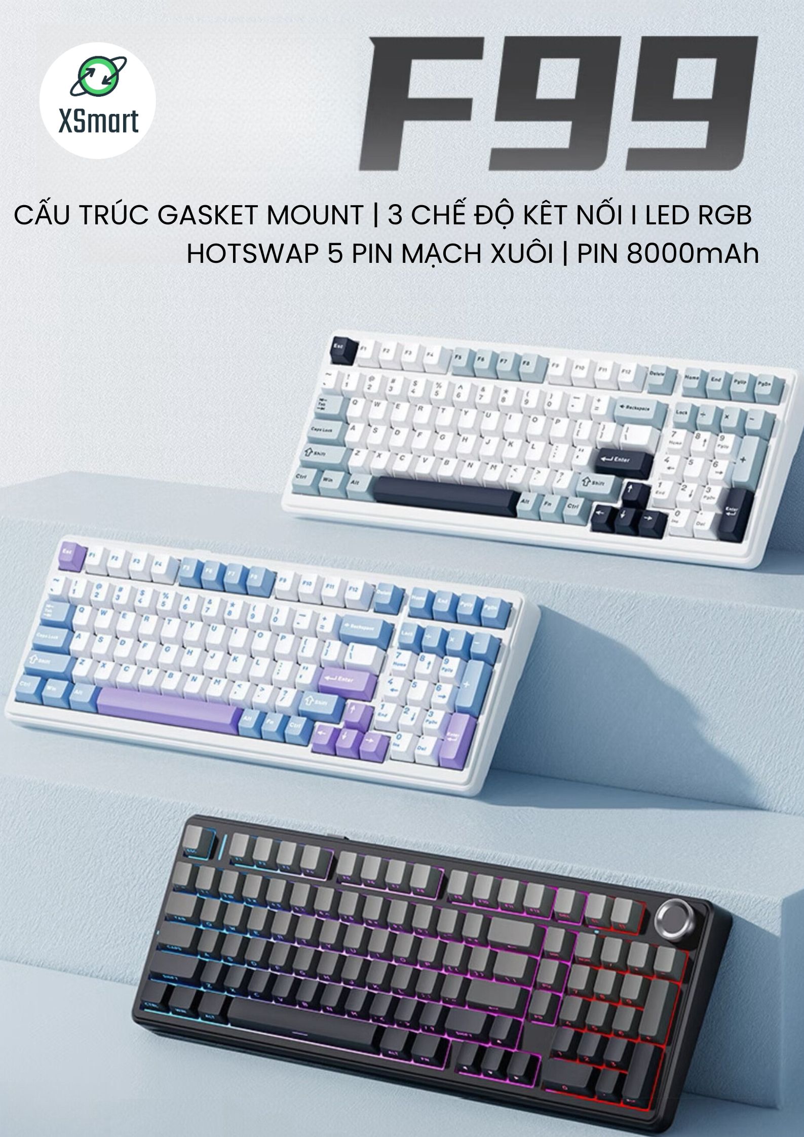 Bàn Phím Cơ Bluetooth Không Dây AULA F99PRO V2 LED RGB 3 Mode Lót Foam Hotswap 5 Pin Mạch Xuôi ...