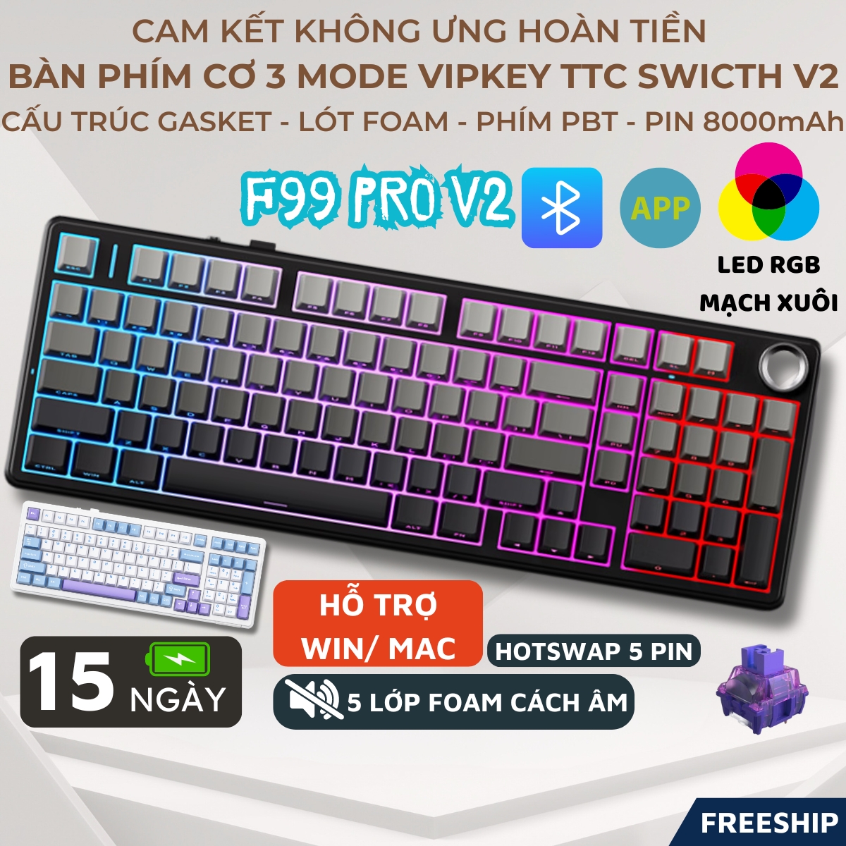 Bàn Phím Cơ Bluetooth Không Dây AULA F99PRO V2 LED RGB 3 Mode Lót Foam Hotswap 5 Pin Mạch Xuôi ...