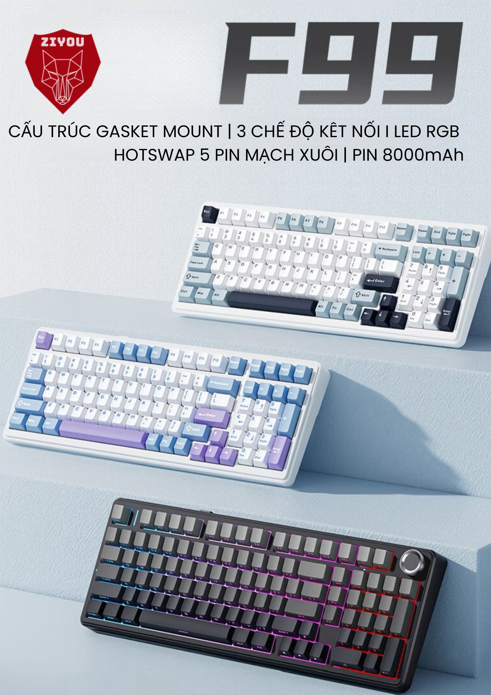 Bàn Phím Cơ Không Dây Ziyou AULA F99PRO V2 hotswap keycap xuyên LED, LED RGB, Núm Xoay, Có APP ...