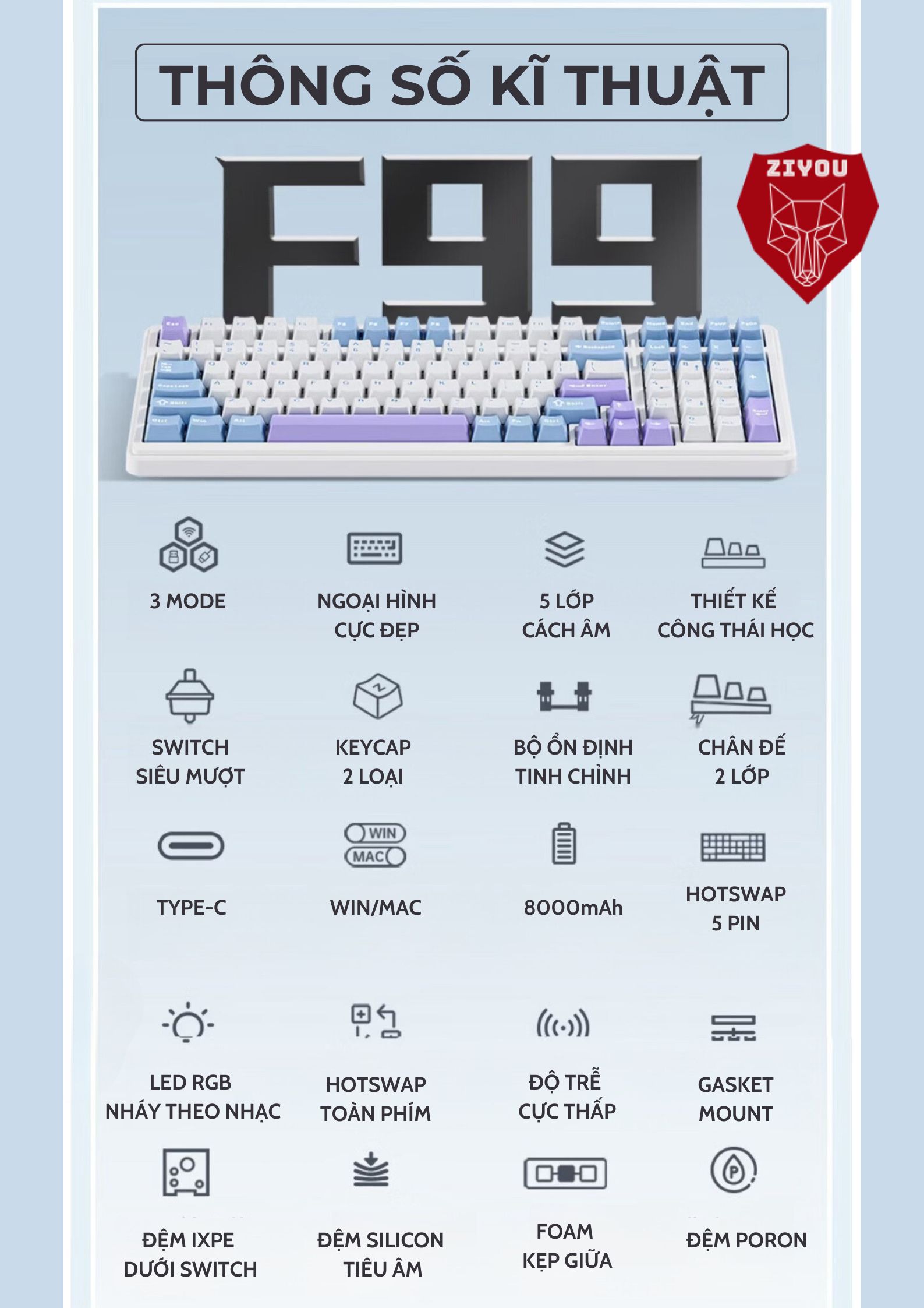 Bàn Phím Cơ Không Dây Ziyou AULA F99PRO V2 hotswap keycap xuyên LED, LED RGB, Núm Xoay, Có APP ...