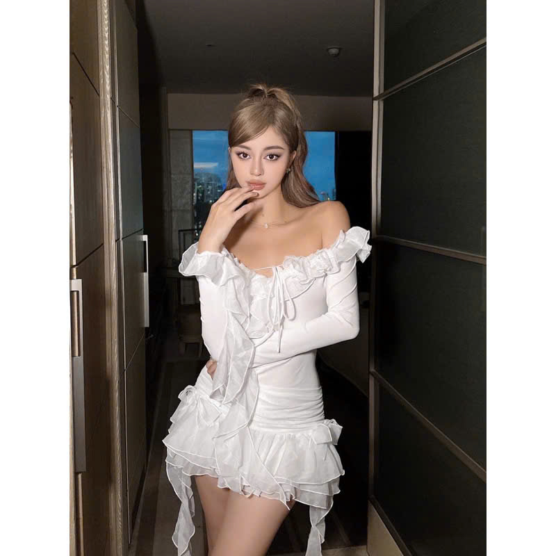 P023 - Đầm trễ vai đan dây tua rua bèo tay dài tiểu thư | Shopee Việt Nam