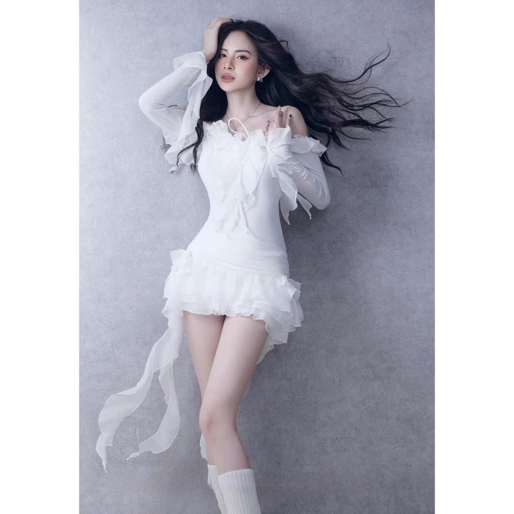 P023 - Đầm trễ vai đan dây tua rua bèo tay dài tiểu thư | Shopee Việt Nam