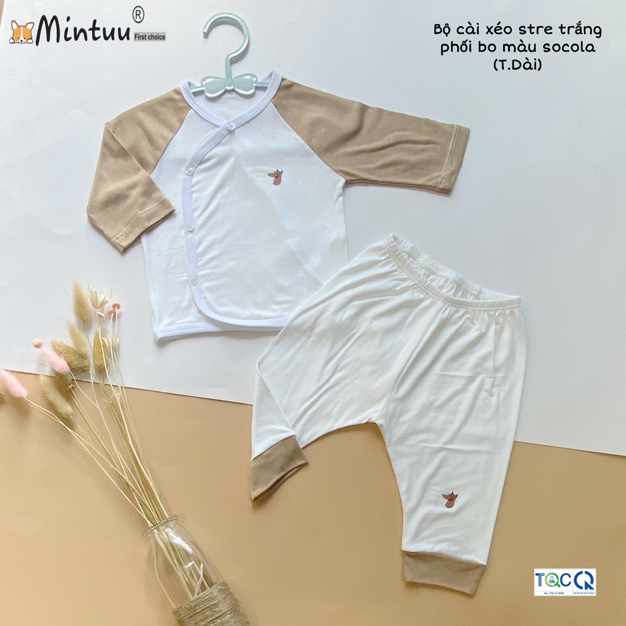 Bộ quần áo bé sơ sinh, cài xéo tay dài phối màu, chất liệu vải sợi tre ...