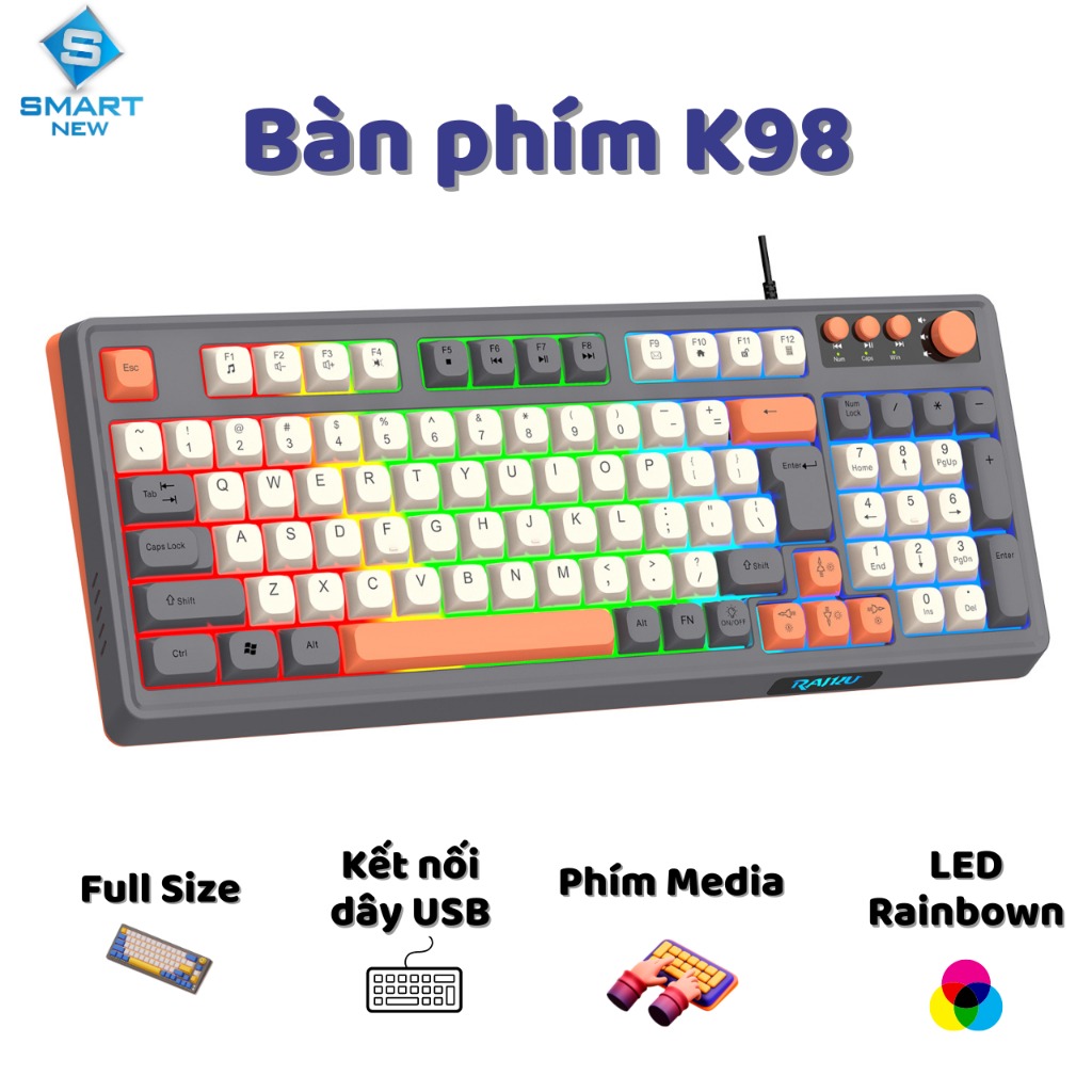 Bàn phím giả cơ Gaming RaiKu K98 full size - Led Rainbow siêu đẹp - Có ...