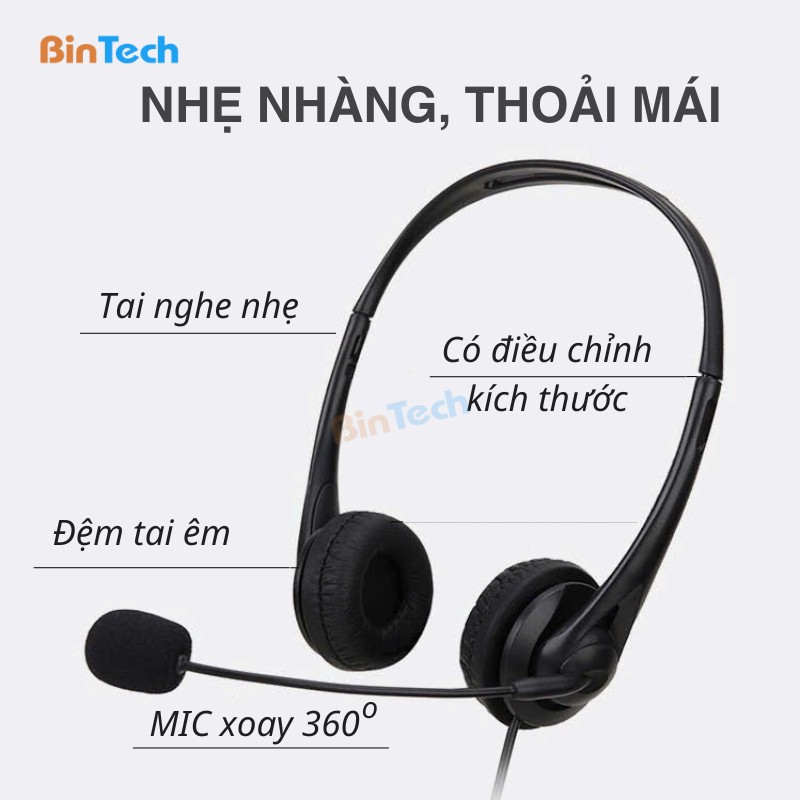 Tai nghe chụp tai có dây BINTECH, tai nghe có mic cho pc, laptop, điện ...