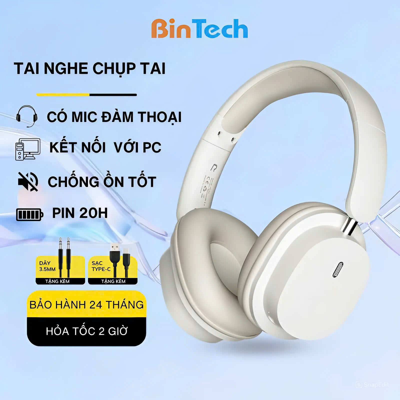 Tai nghe chụp tai BINTECH T2, headphone có thể dùng cho PC, tai nghe chống ồn có tích hợp mic ...