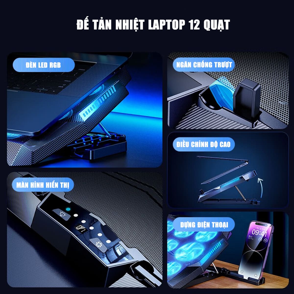 Đế tản nhiệt laptop gaming FL03 12 quạt giá đỡ laptop đèn led rgb chỉnh ...