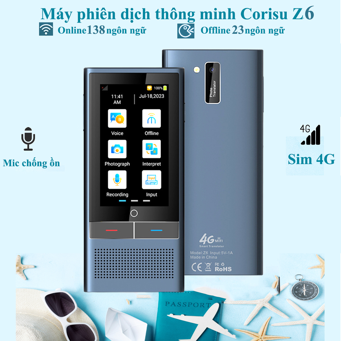 Máy phiên dịch Corisu Z6 dịch không cần dùng mạng, dùng sim 4g kết nối wifi 127 ngôn ngữ ...