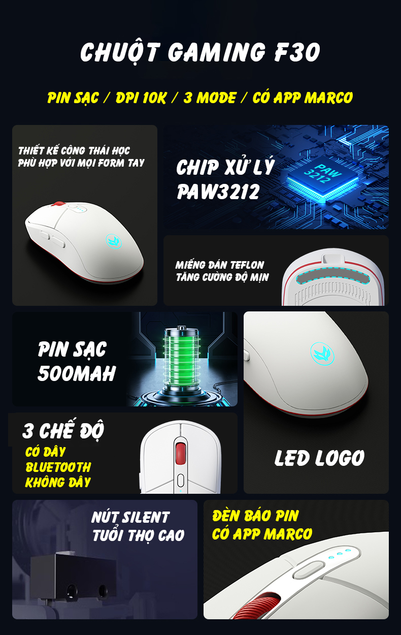 Chuột Silent Gaming Atas F30 Không dây Bluetooth - 3 MODE - Pin sạc ...