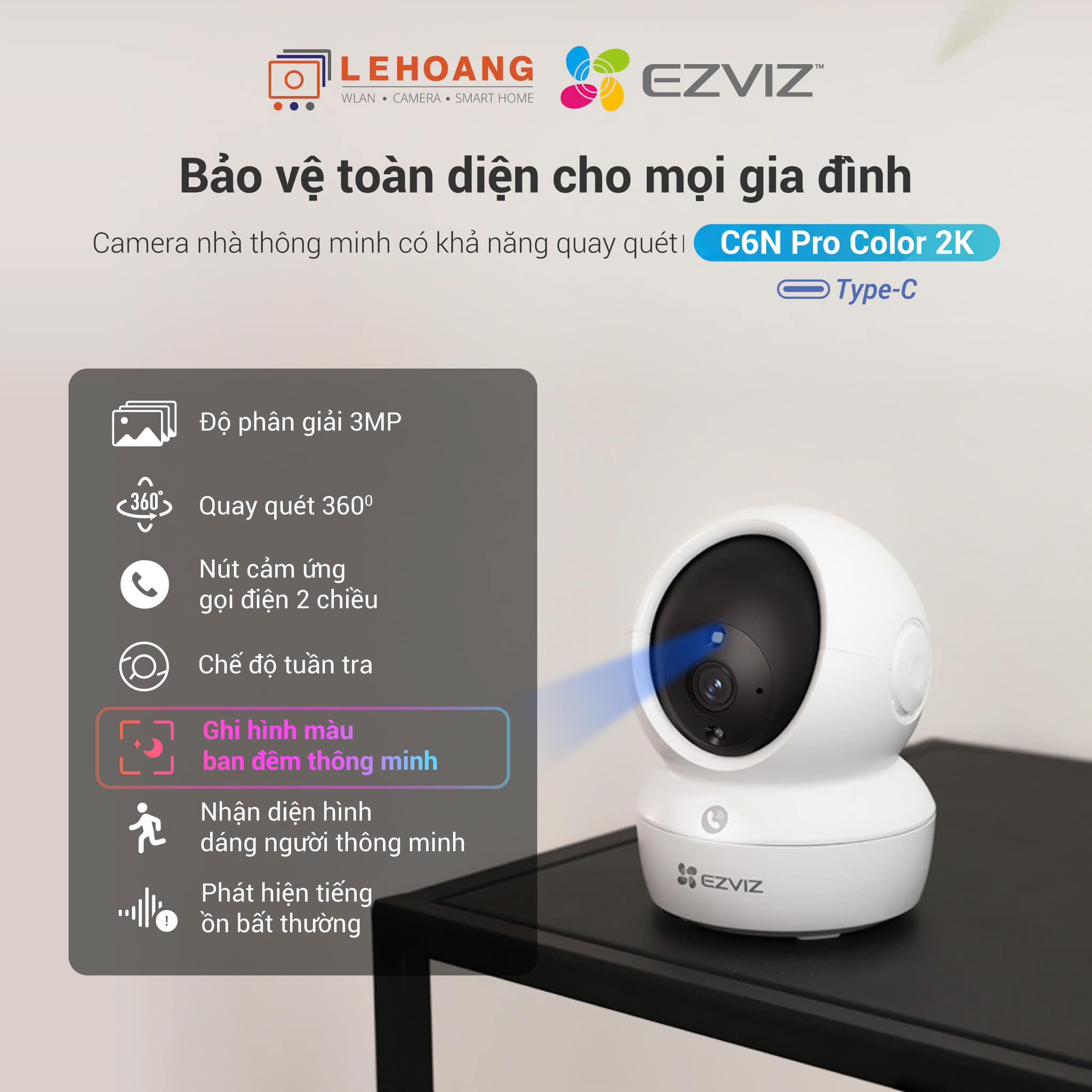 Camera WIFI trong nhà xoay 360 Ezviz C6N PRO, H6C PRO 2K 3K 4K màu đêm thông minh, đàm thoại 2 ...