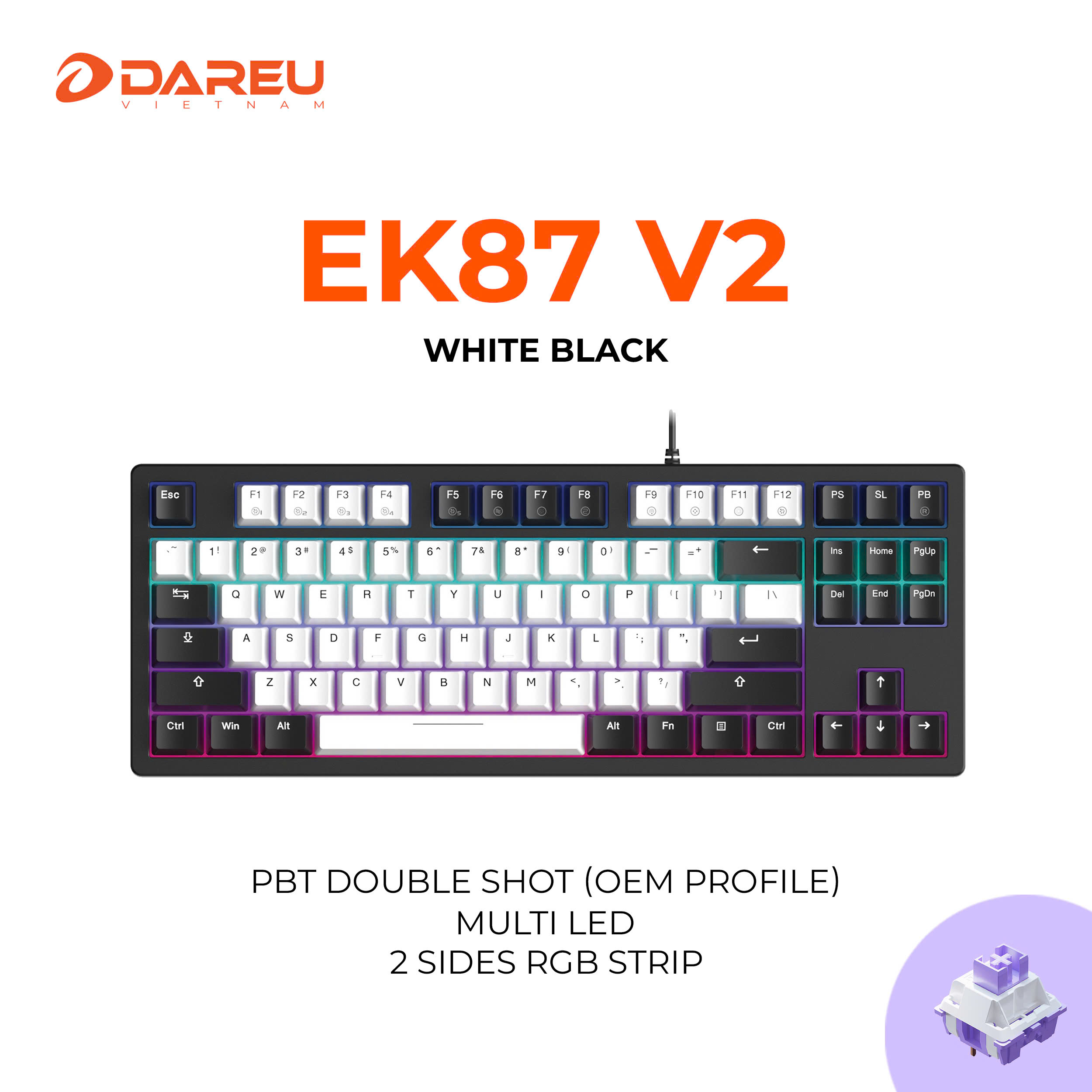 Bàn phím cơ DAREU EK87 V2 White Black (2 sides RGB strip, Multi-Led, PBT Double Shot OEM profile ...