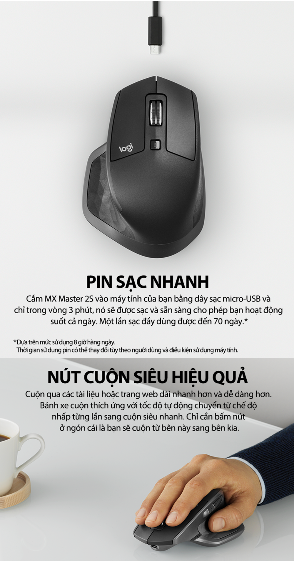 Chuột không dây Bluetooth Logitech MX Master 2s - form to, pin sạc USB ...
