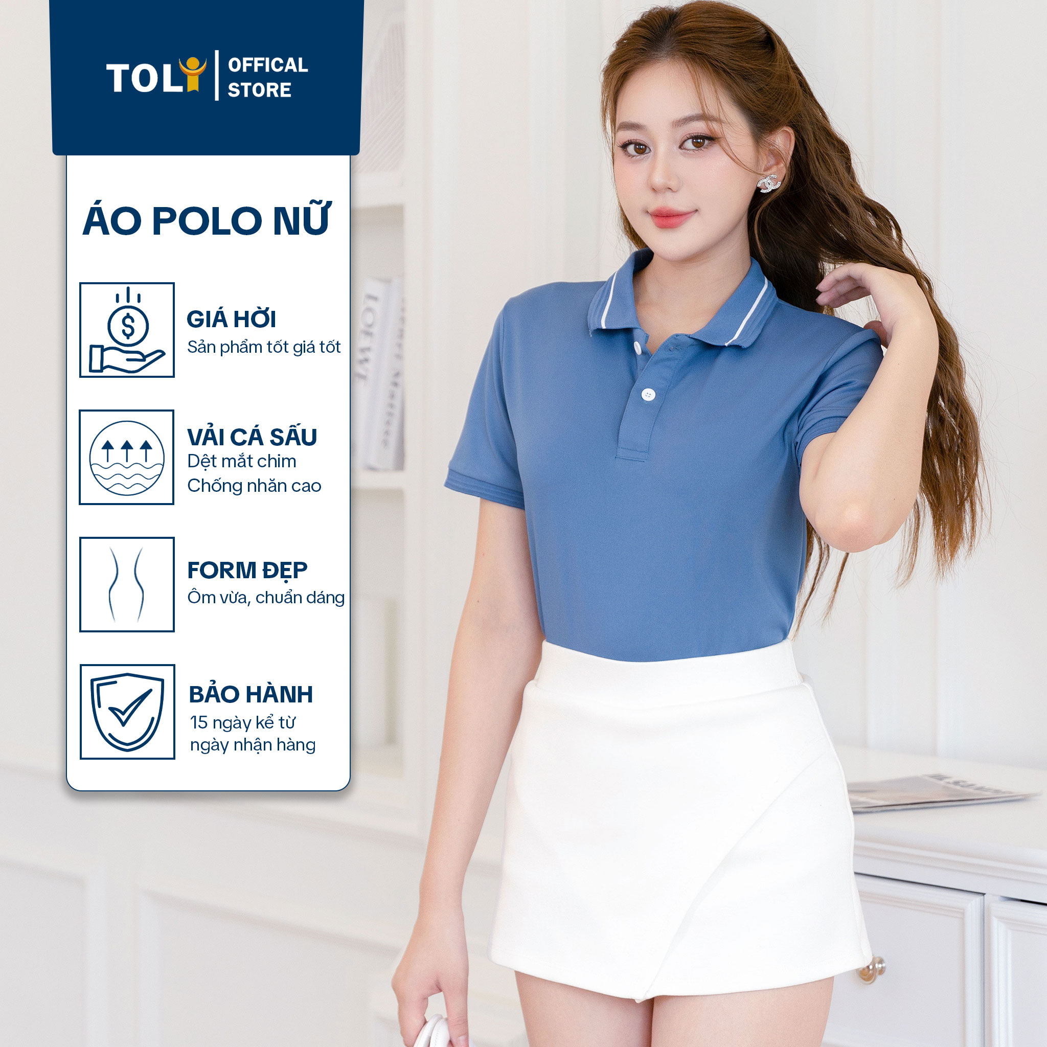 Áo thun Polo nữ TOLI cổ bo độc quyền, vải cá sấu không nhăn, Form vừa ...