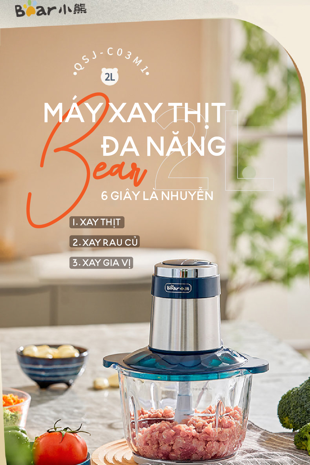 Máy xay thịt mini đa năng 2L BEAR QSJ-C03M1, 300W, say thực phẩm, rau ...