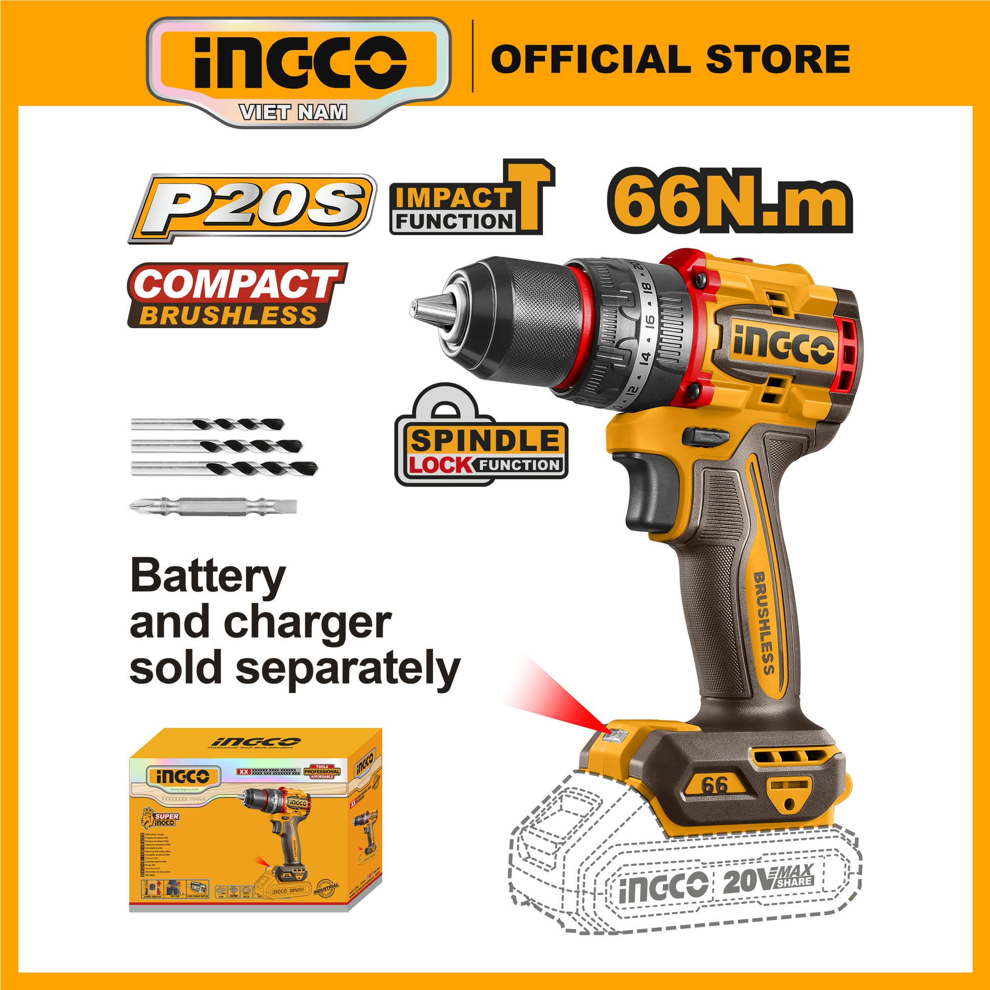 Máy khoan pin chính hãng 20V búa 3 chức năng motor không chổi than 66Nm Body CDLI206681 ...