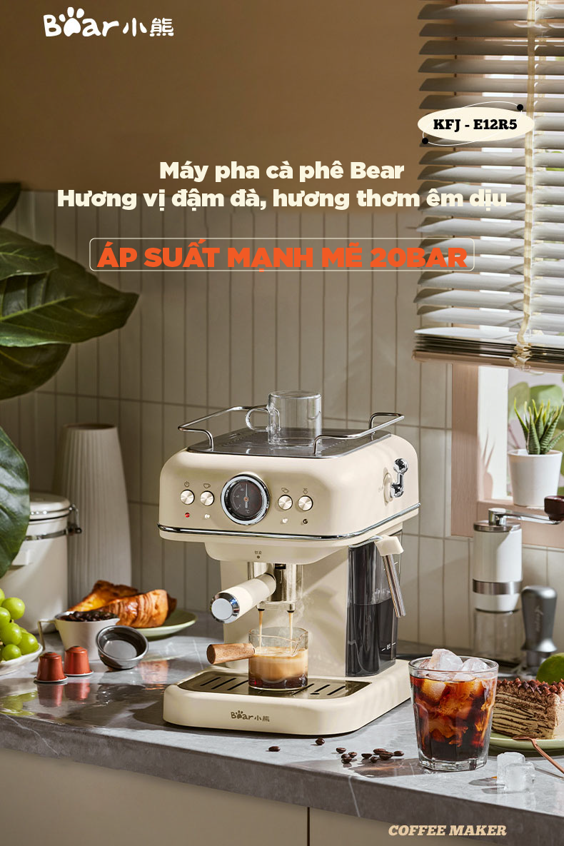 Máy pha cà phê espresso tự động Bear KFJ-E12R5 1.2L, Áp suất 20 BAR ,950W, Tạo bọt sữa, BH 18 ...