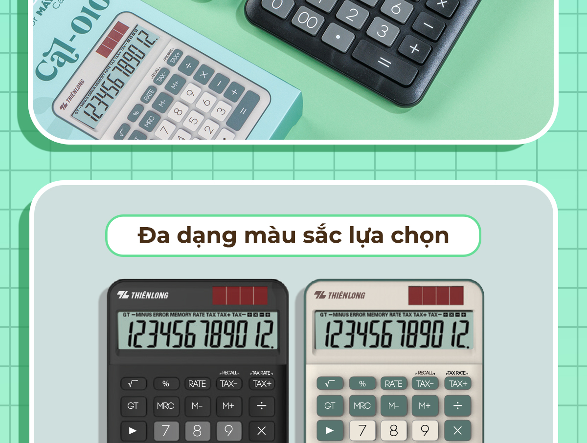 Máy tính văn phòng Thiên Long Flexio CAL-010|Chức năng tính thuế, sử dụng pin và năng lượng mặt ...