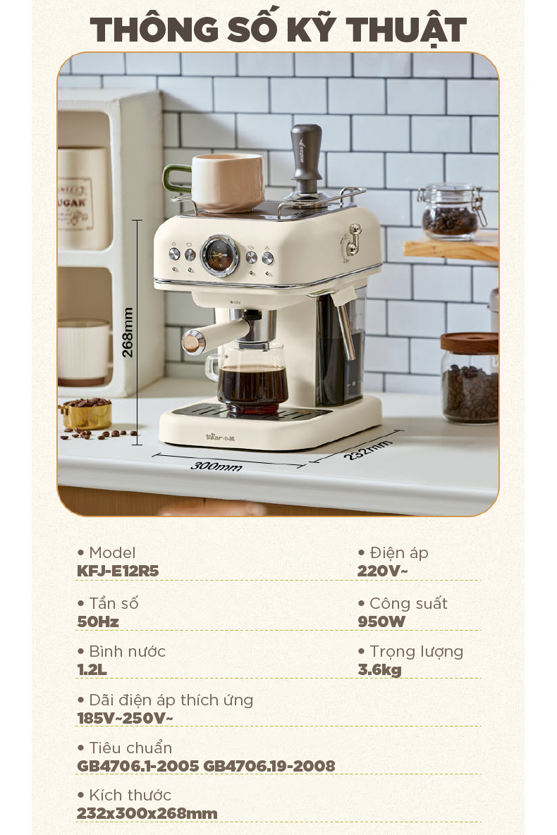 Máy pha cà phê Espresso tự động Bear KFJ-E12R5, 950W, 20Bar, tạo bọt sữa, Cho gia đình, BH 18 ...
