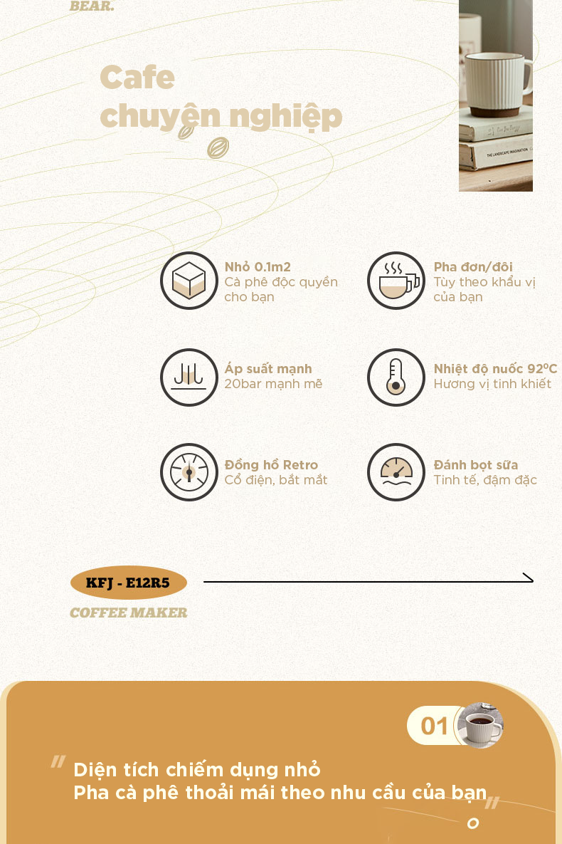 Máy pha cà phê Espresso tự động Bear KFJ-E12R5, 950W, 20Bar, tạo bọt sữa, Cho gia đình, BH 18 ...
