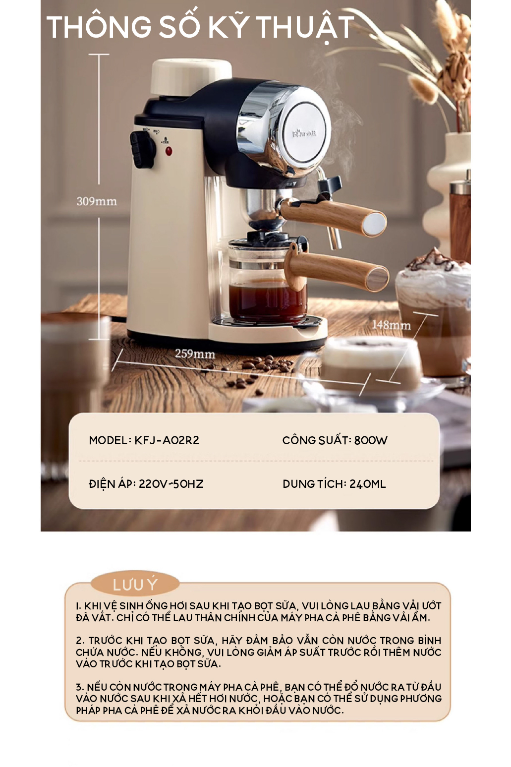 Máy Pha Cà Phê Tự Động, Pha Espresso Bear KFJ-A02R2/ A02N1, Áp suất 5 Bar, Tạo bọt sữa, BH 18 ...