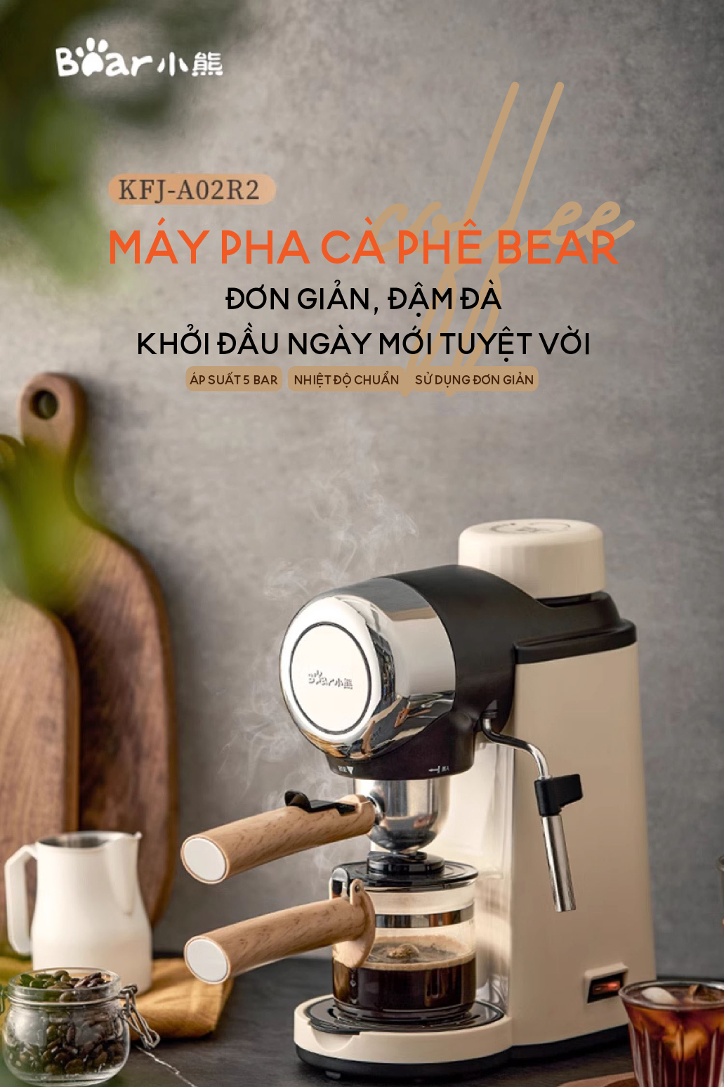 Máy pha cà phê espresso tự động Bear KFJ-A02N1/A02R2, Áp suất 5Bar, Tạo ...