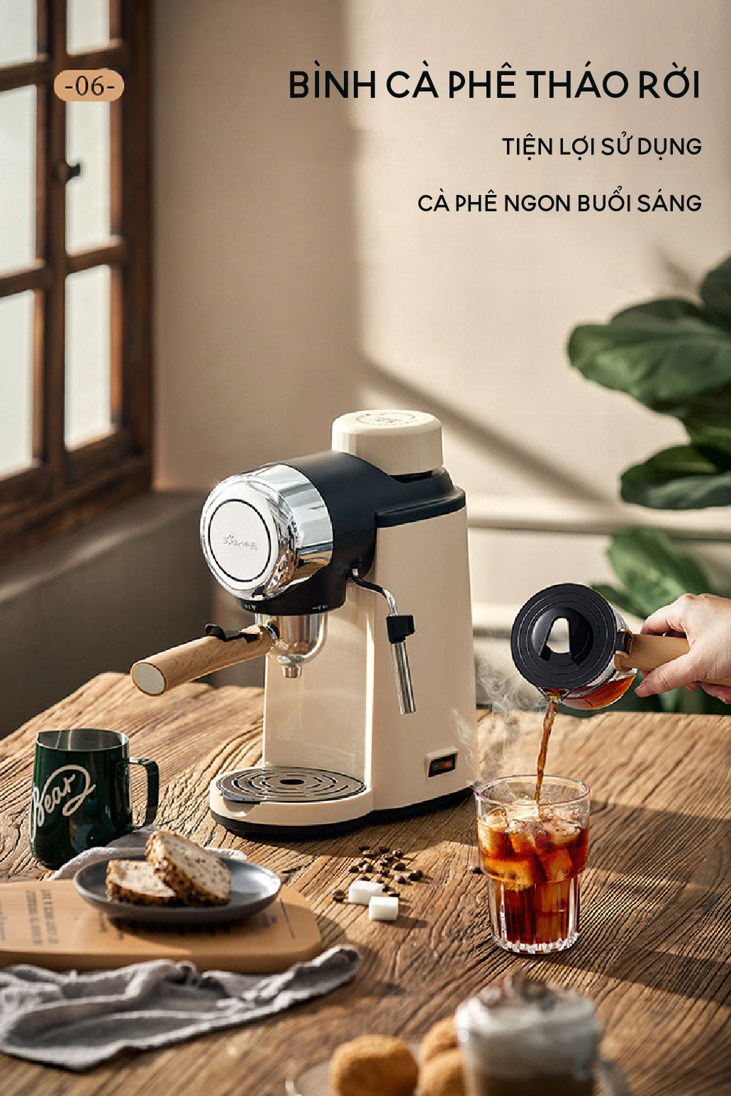 Máy pha cà phê espresso tự động Bear KFJ-A02N1/A02R2, Áp suất 5Bar, Tạo bọt sữa Cho gia đình, BH ...