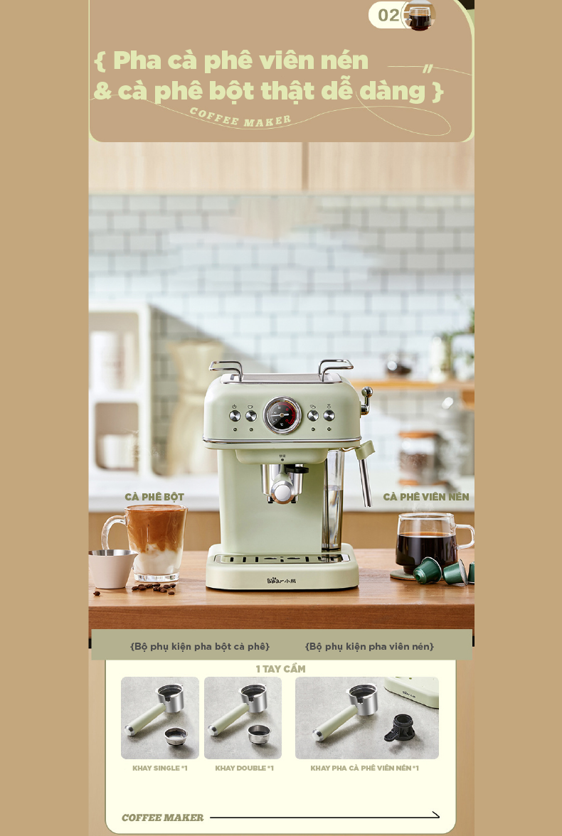 Máy Pha Cà Phê Espresso Bear KFJ-E12Q5, 950W, Đa Năng Pha Cafe Viên Nén Tạo Bọt Cho Gia Đình, BH ...