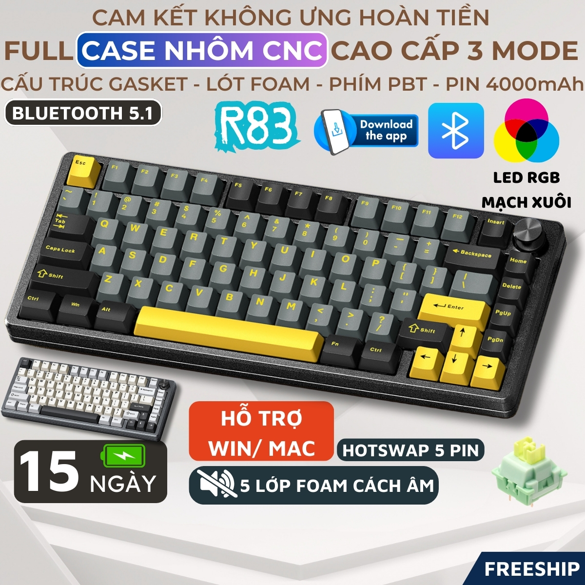 Bàn Phím Cơ Bluetooth Full Case Nhôm CNC Dark Alien R83 Led RGB 3 Mode ...