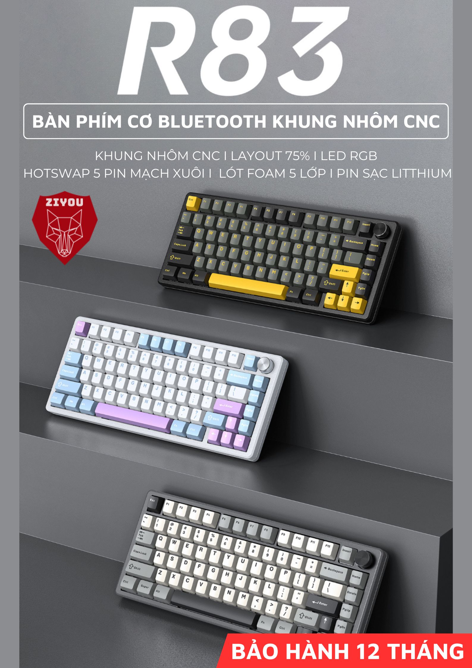 Bàn Phím Cơ Bluetooth Không Dây Ziyou Dark Alien R83 Case Full Nhôm Cao ...