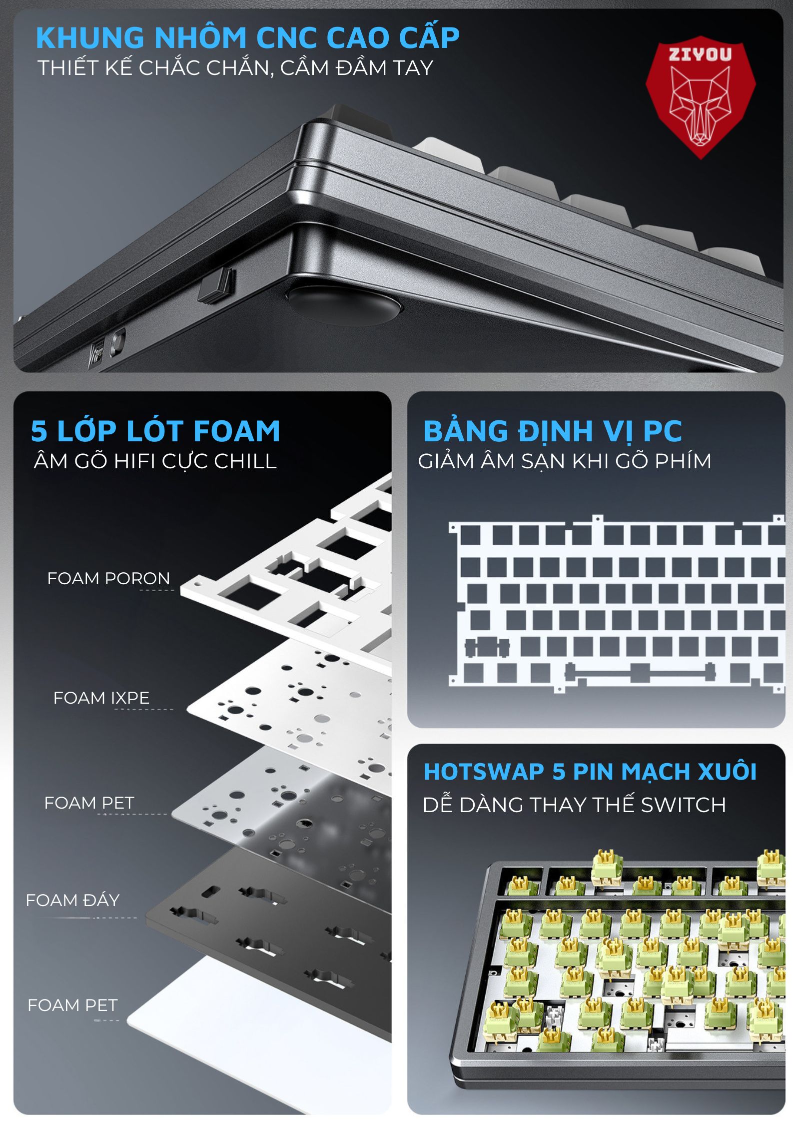 Bàn Phím Cơ Bluetooth Không Dây Ziyou Dark Alien R83 Case Full Nhôm Cao ...