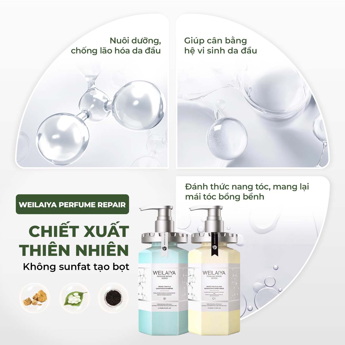 Cặp dầu gội xả phục hồi tóc Weilaiya chiết xuất nấm Truffle chống lão hóa da đầu 450ml/chai ...