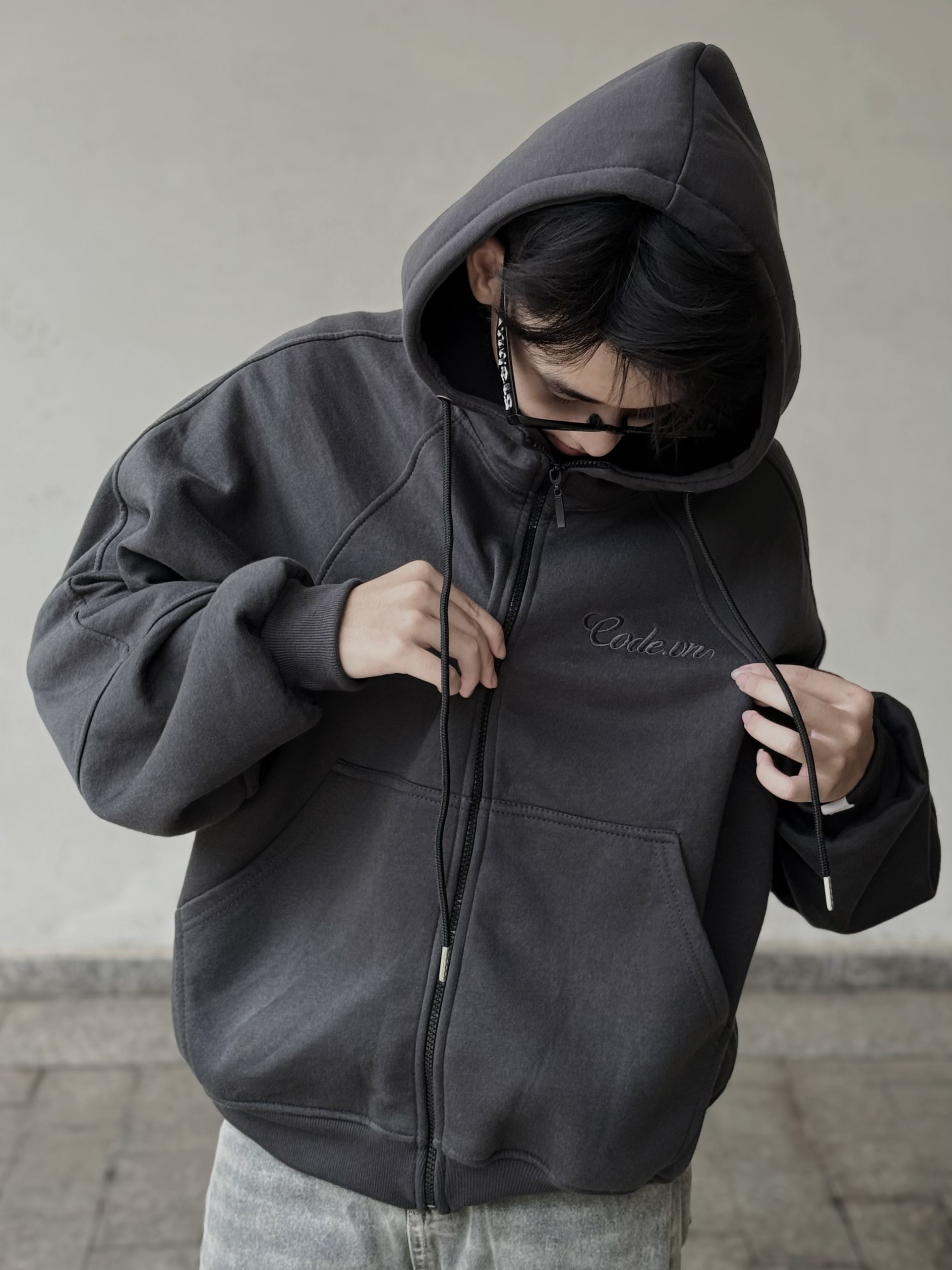 Áo khoác dây kéo from boxy 2 da dày dặn thêu nổi cổ cao không bám lông ...