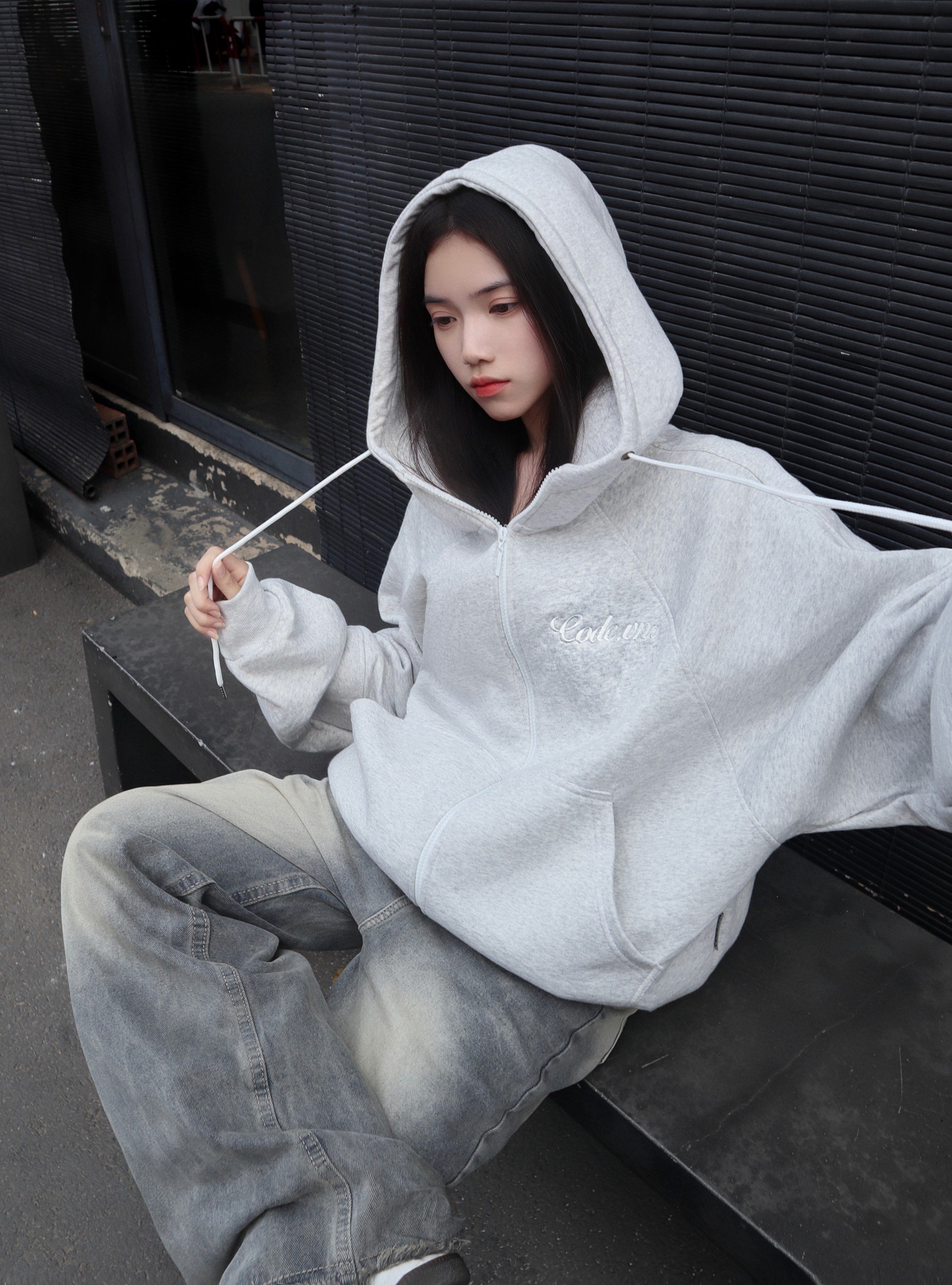 Áo khoác dây kéo from boxy 2 da dày dặn thêu nổi cổ cao không bám lông ...