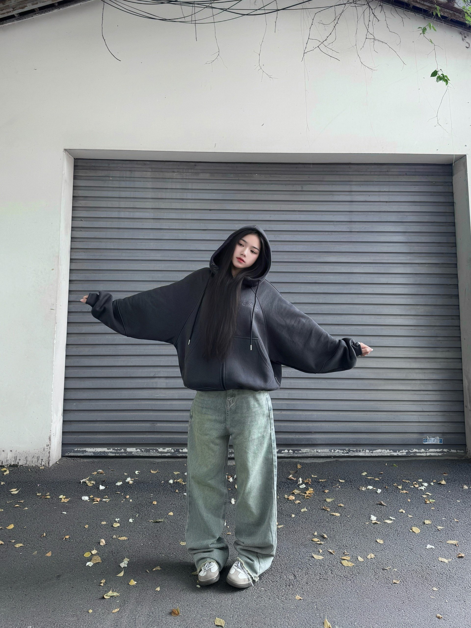 Áo khoác dây kéo from boxy 2 da dày dặn thêu nổi cổ cao không bám lông ...