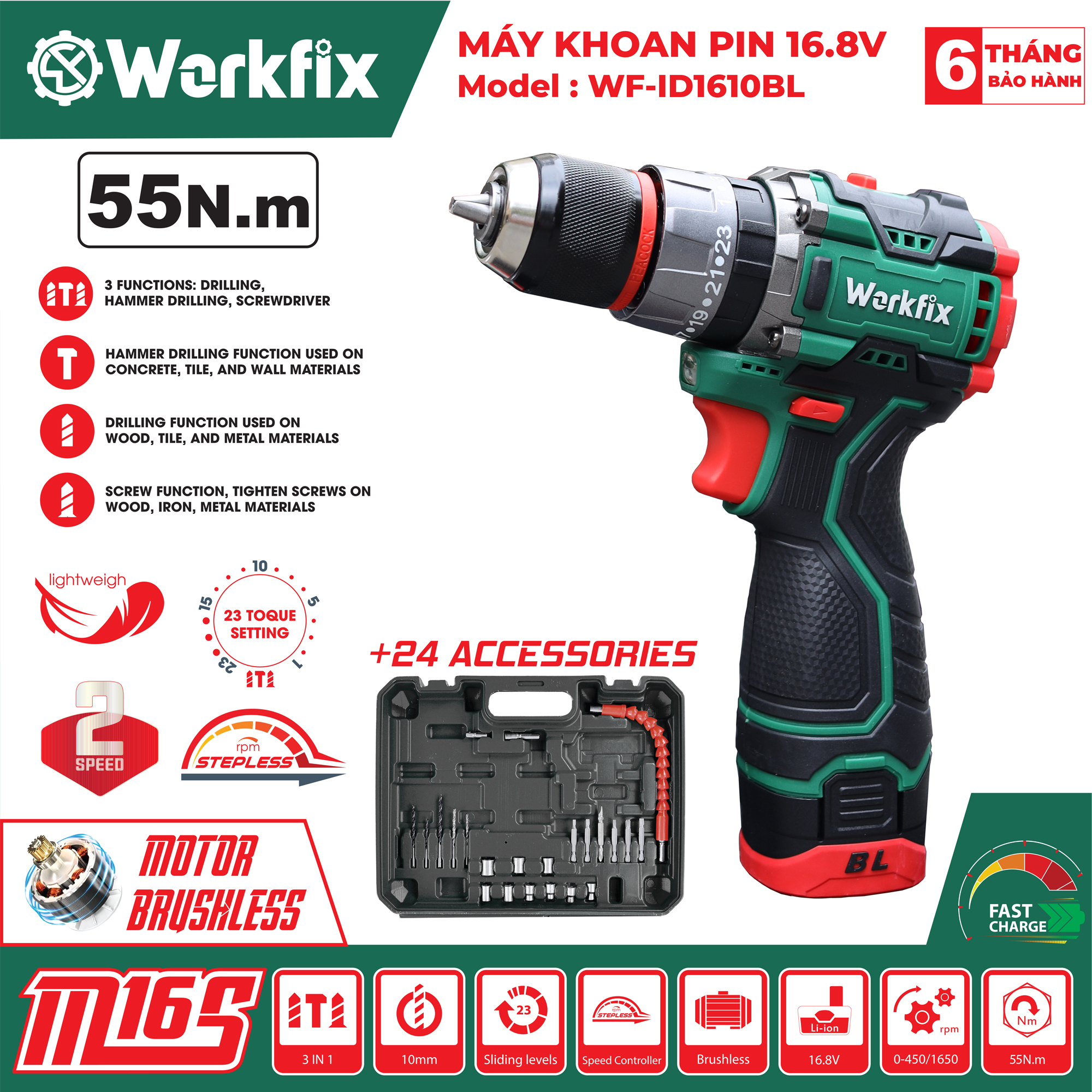 Máy Khoan Mini, Máy Khoan Pin WORKFIX 16.8V ID1610BL Màu Xanh, Đầu kẹp ...