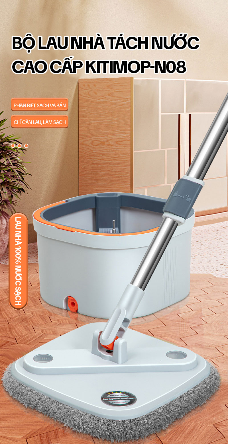 Bộ Cây Lau Nhà Tách Nước Bẩn KITIMOP N08, Thùng Lau Nhà Tự Vắt Thông ...
