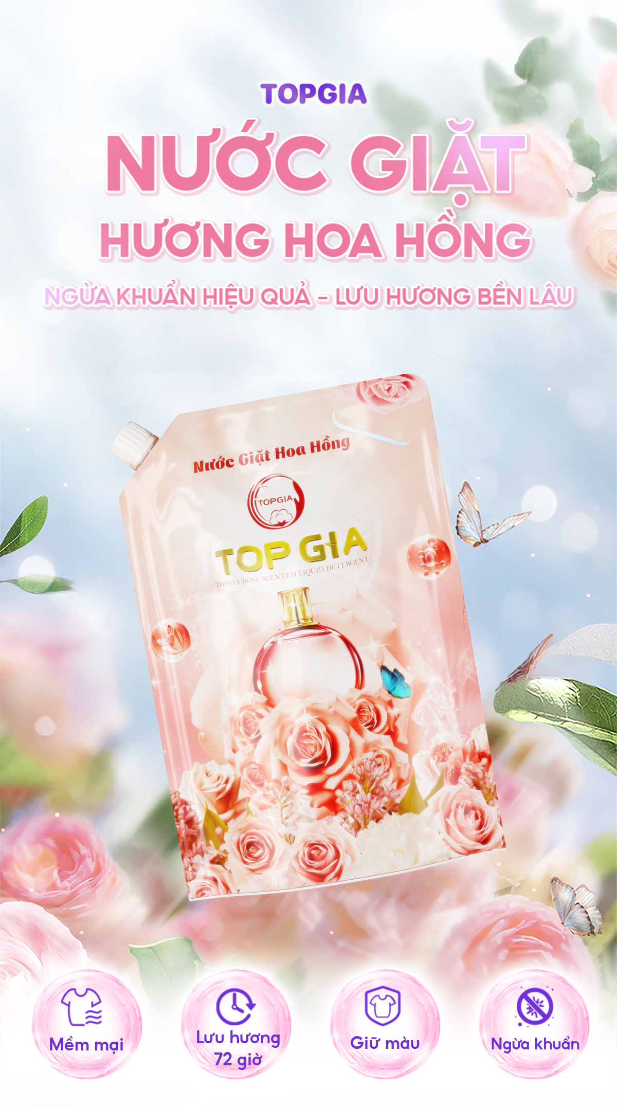 (Mua 1 tặng 1) Túi 2L nước giặt xả TOPGIA hương hoa hồng dịu nhẹ, tẩy ...