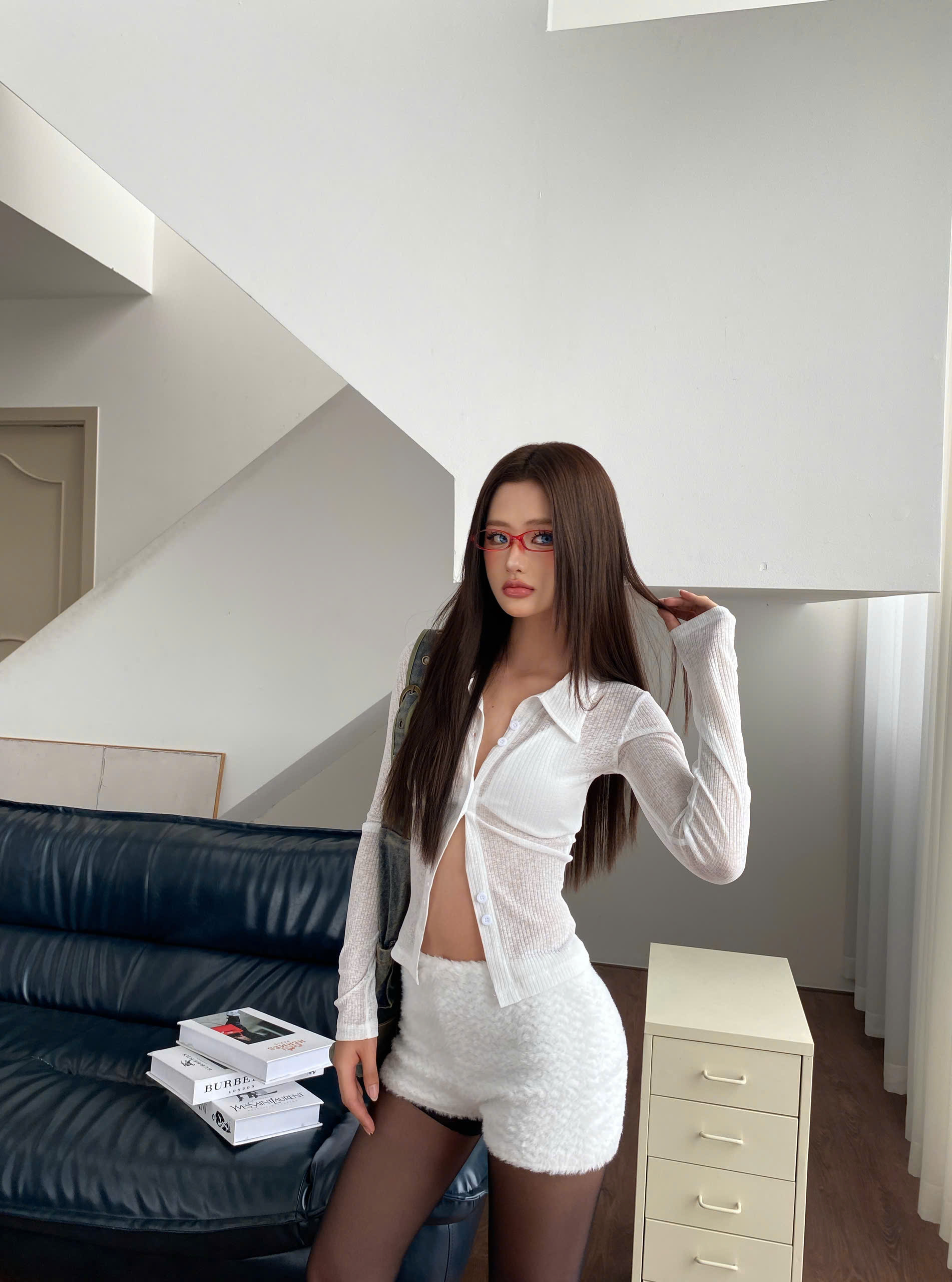 [KÈM BRA] 𝐊𝐈𝐋𝐋 𝐒𝐘𝐒𝐓𝐄𝐌 - Áo sơ mi xuyên thấu CL dệt kim mặc kèm bra tam giác bên trong ôm body ...