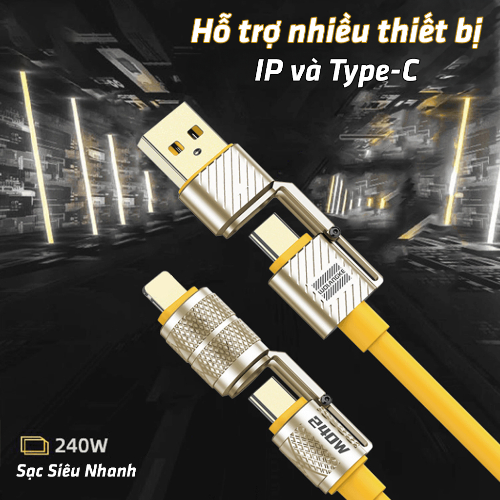 Cáp sạc 4 trong 1 đa năng nạp sạc nhanh chui sạc ra Type C 240W max và LN 27W max dây silicom dù ...