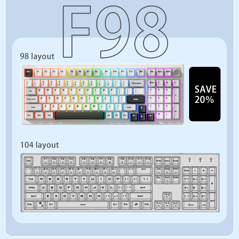Bàn phím cơ fullsize Weikav F98 Pro - 3 mode kết nối - Led RGB - Gasket mount - Pin 4000mAh ...