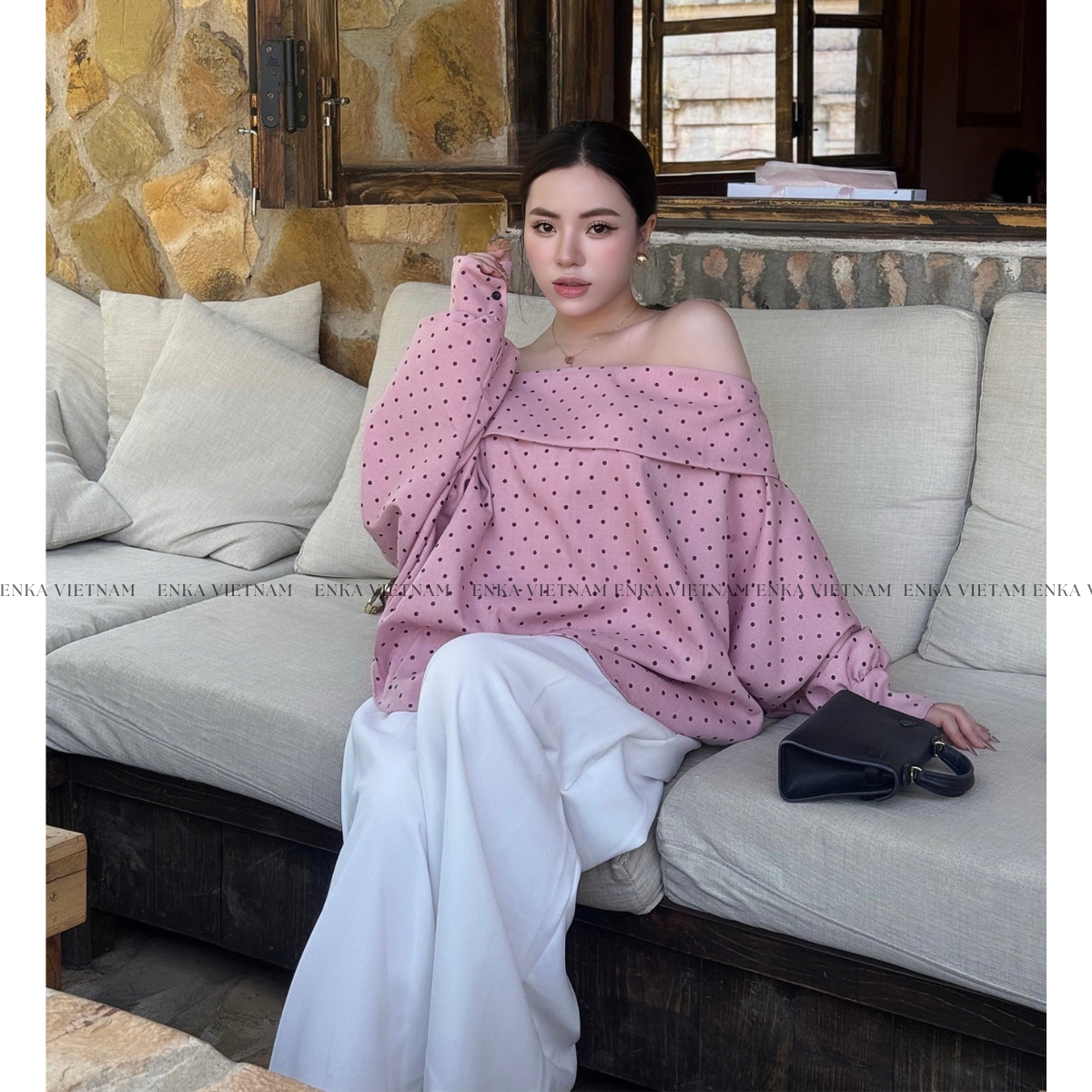 Áo trễ vai chấm bi Minnie tay dài dày dặn phong cách tiểu thư sang trọng Top Women - ENKA ...