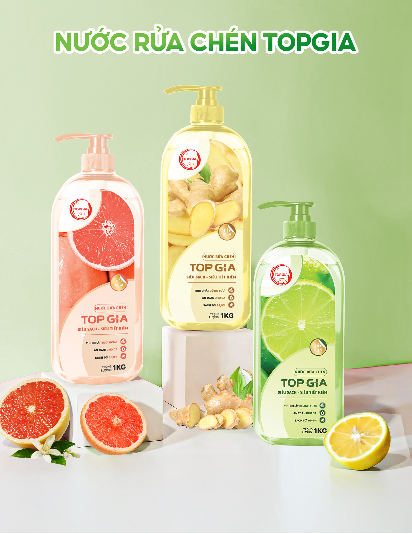 Nước rửa chén bát Topgia combo 3 chai 1kg siêu sạch, siêu tiết kiệm an ...