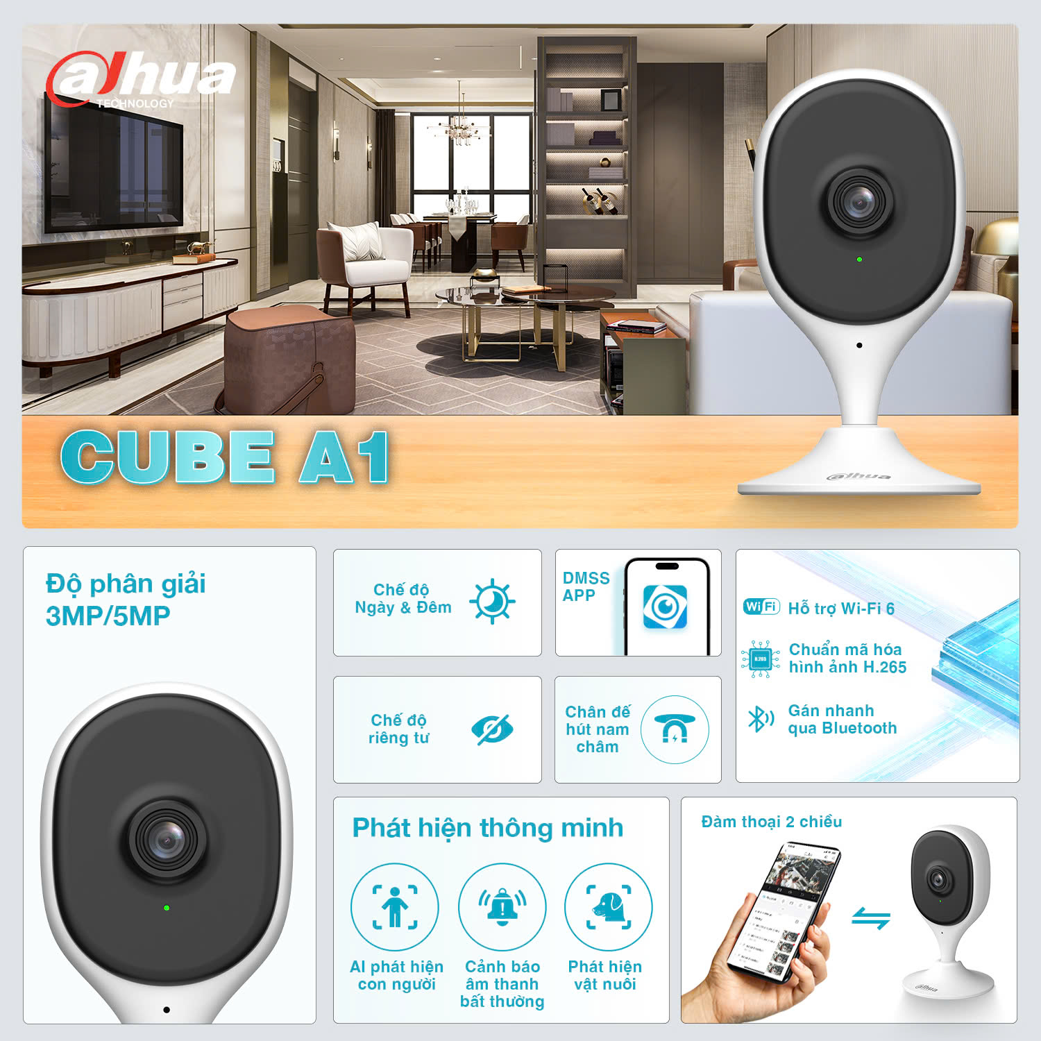 Camera Wifi Dahua Cube A1 3MP/5MP Đàm thoại 2 chiều , Đế nam châm tự ...