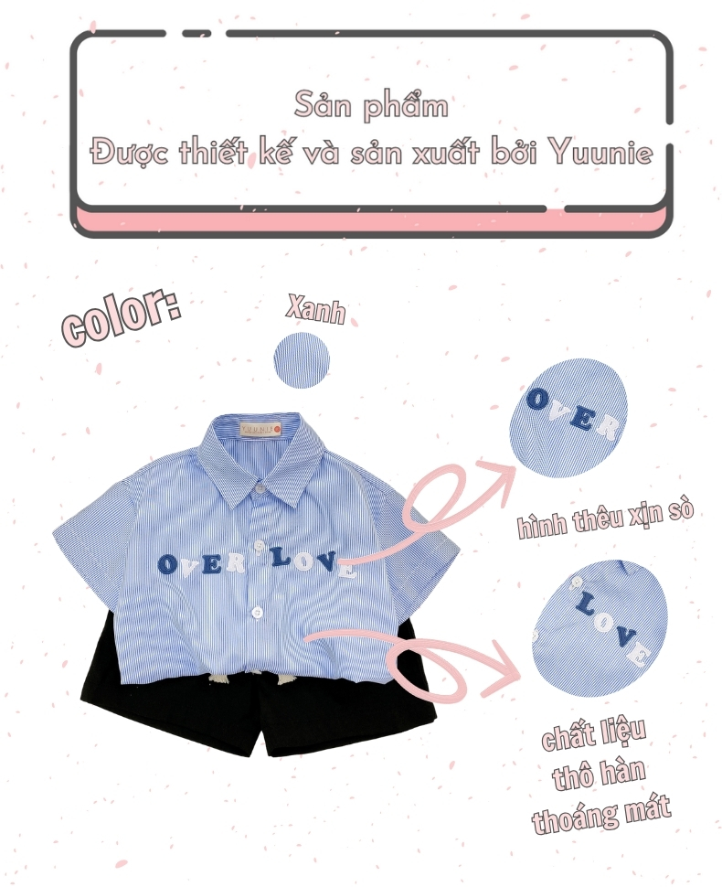 Đồ bộ bé trai cộc tay Yuunie, set áo sơ mi kẻ xanh phối quần kaki cho ...