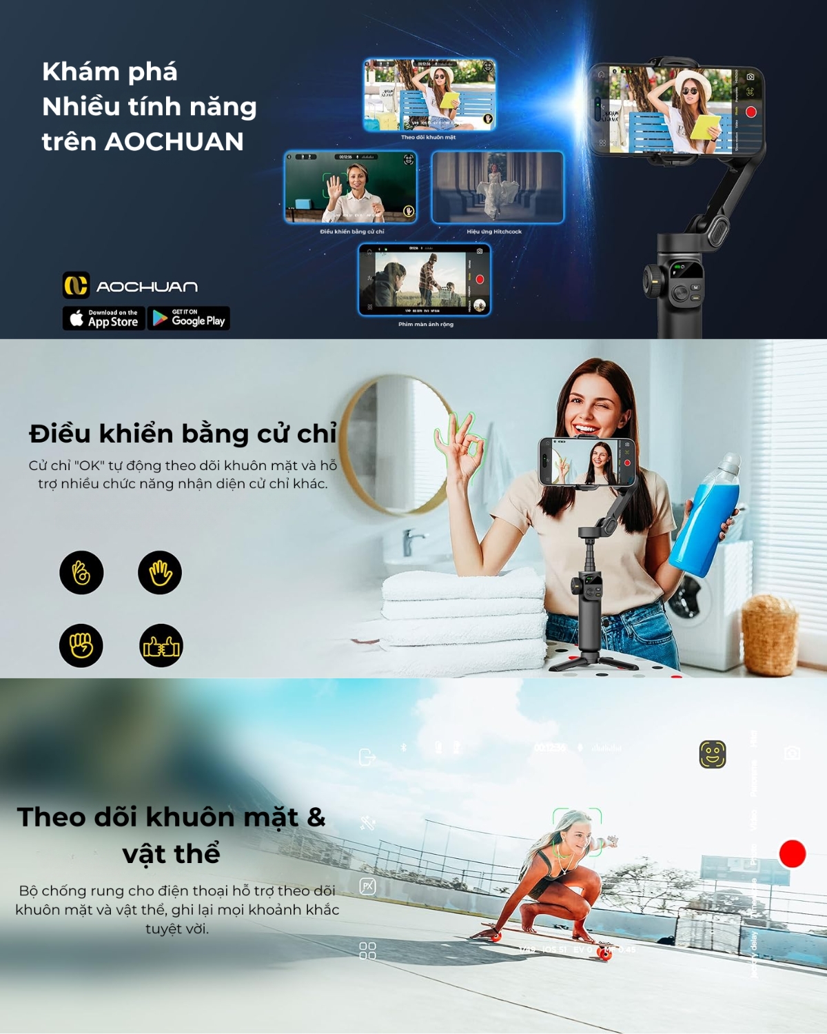 Gimbal điện thoại chống rung nâng câp 2025 Aochuan SMART X2, gimbal 360 hỗ trợ quay video chuyên ...